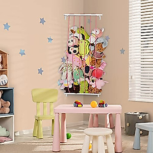 Telihel Stuffed Animal Storage Wood Soft Toy Shelf with Adjustable Length Large Corner Plush Toys Holder for Nursery Play Room Bedroom Kid Room (White)