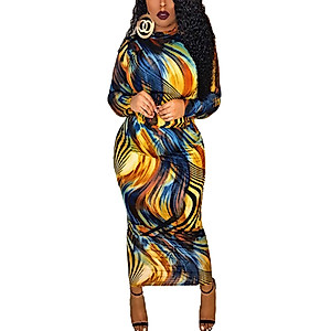 Bluewolfsea Women's Sexy Long Sleeve Printed Bodycon Mixi Dress Cocktail Party Dresses Large Brown