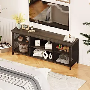 FATORRI Industrial Entertainment Center for TVs up to 55 60 65 Inch, Rustic Wood TV Stand, Large TV Console Cabinet with Doors for Living Room (60 Inch Wide, Walnut Brown)