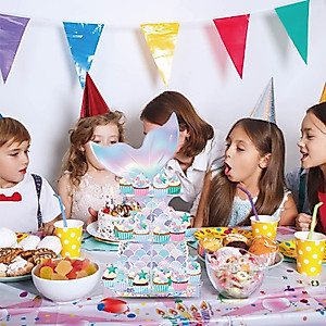 SEVEMIL 3 Tier Mermaid Cupcake Stand, Blue & Pink, Cardboard, 12"H