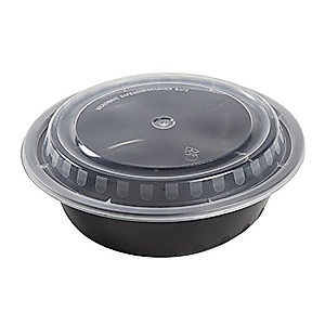 AmerCare 6 Inch Round Black Plastic Containers with Lids, 16 Ounces for Microwave or Freezer, Pack of 150