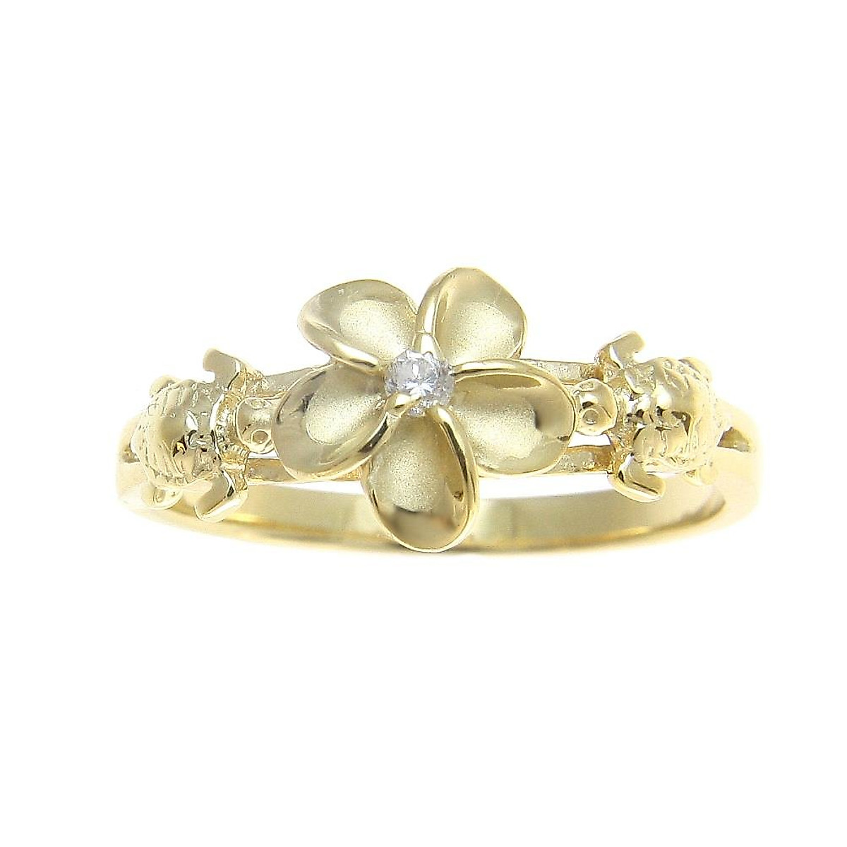 Arthur's Jewelry Yellow gold plated sterling silver 925 Hawaiian plumeria flower cz sea turtle ring size 9.5