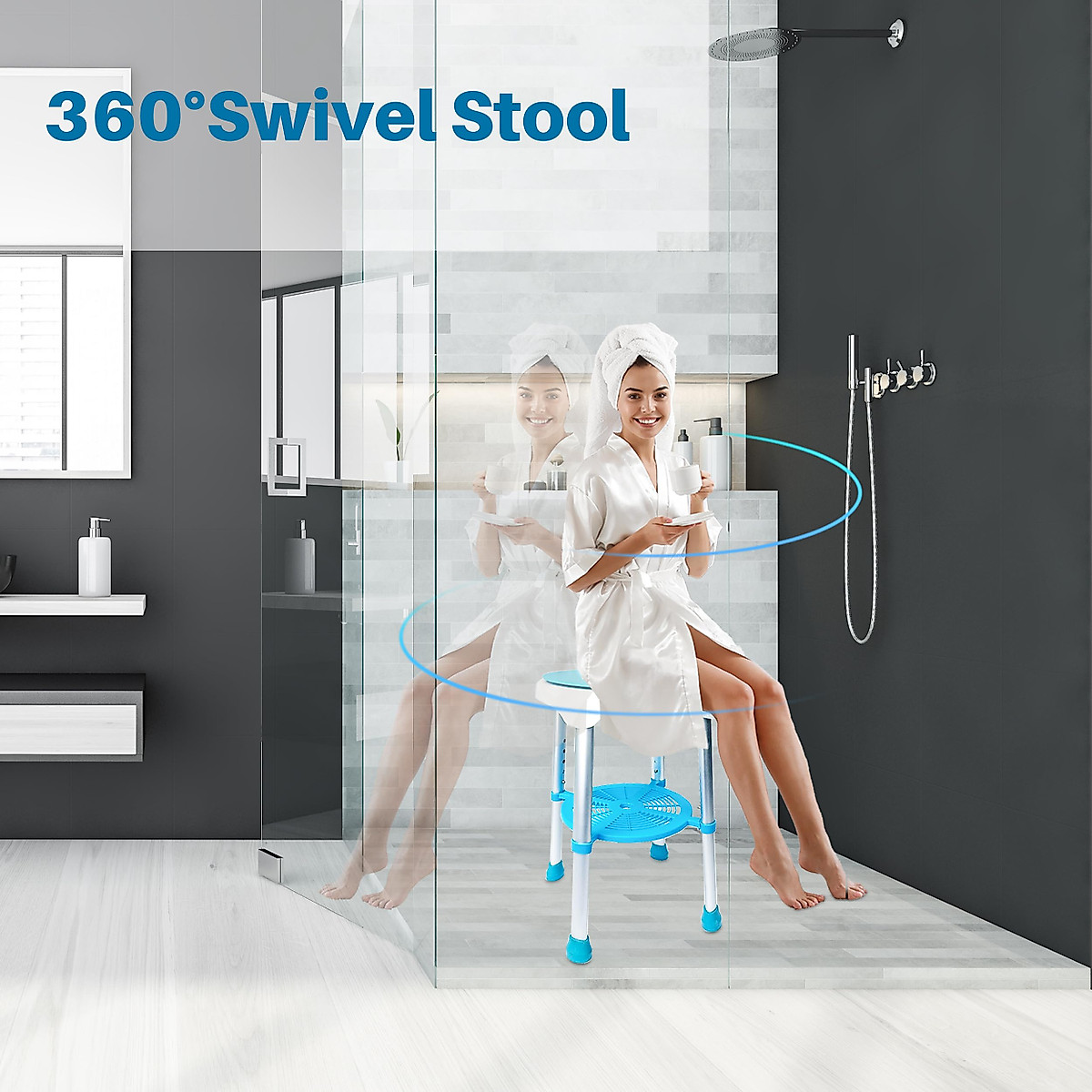 UNLICON-360° Rotating Shower Chair, Adjustable Swivel Shower Stool Tub Chair and Bathtub Seat Bench with Anti-Slip Rubber Tips and Storage for Safety and Stability