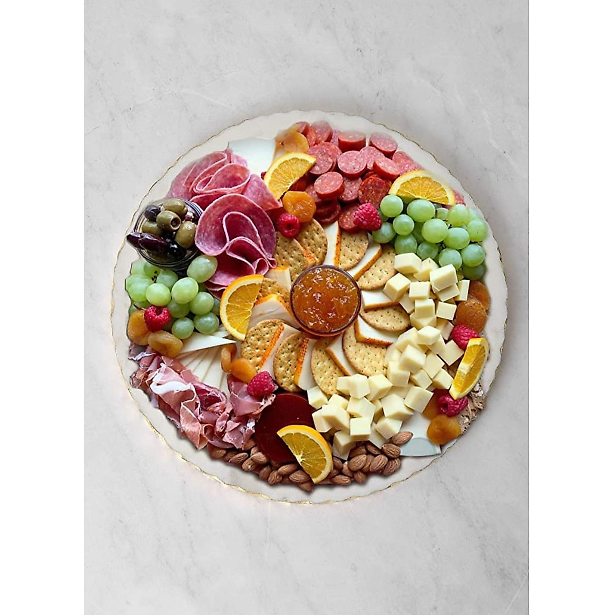 GMRS Home White Marble Board for Meats Breads Charcuterie Round Cutting Serving Board with Gold Foiling - 12 Inch