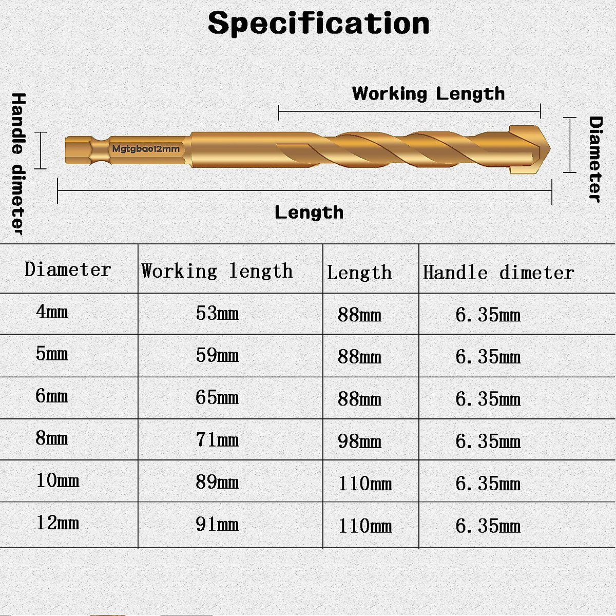 12PC Golden Concrete Drill Bit Set, Mgtgbao Masonry Drill Bits for Tile,Brick, Plastic and Wood Best for Wall Mirror and Ceramic Tile on Concrete and Brick Wall (3/16-1/2")