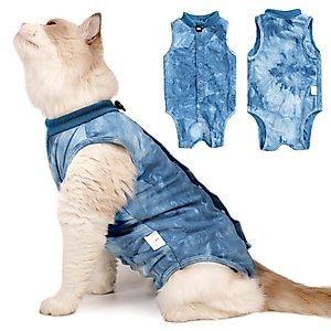Cat Recovery Suit for Male and Female Surgical Post Surgery Soft Cone Onesie Tie Dye Cats Shirt Clothes Neuter Licking Protective Diapers Outfit Cover Kitten Spay Collar Alternative(Navy Blue, L)