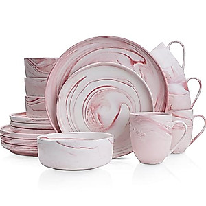 Stone Lain Marble Porcelain Dinnerware Set, 16 Piece Service for 4, Matte Pink
