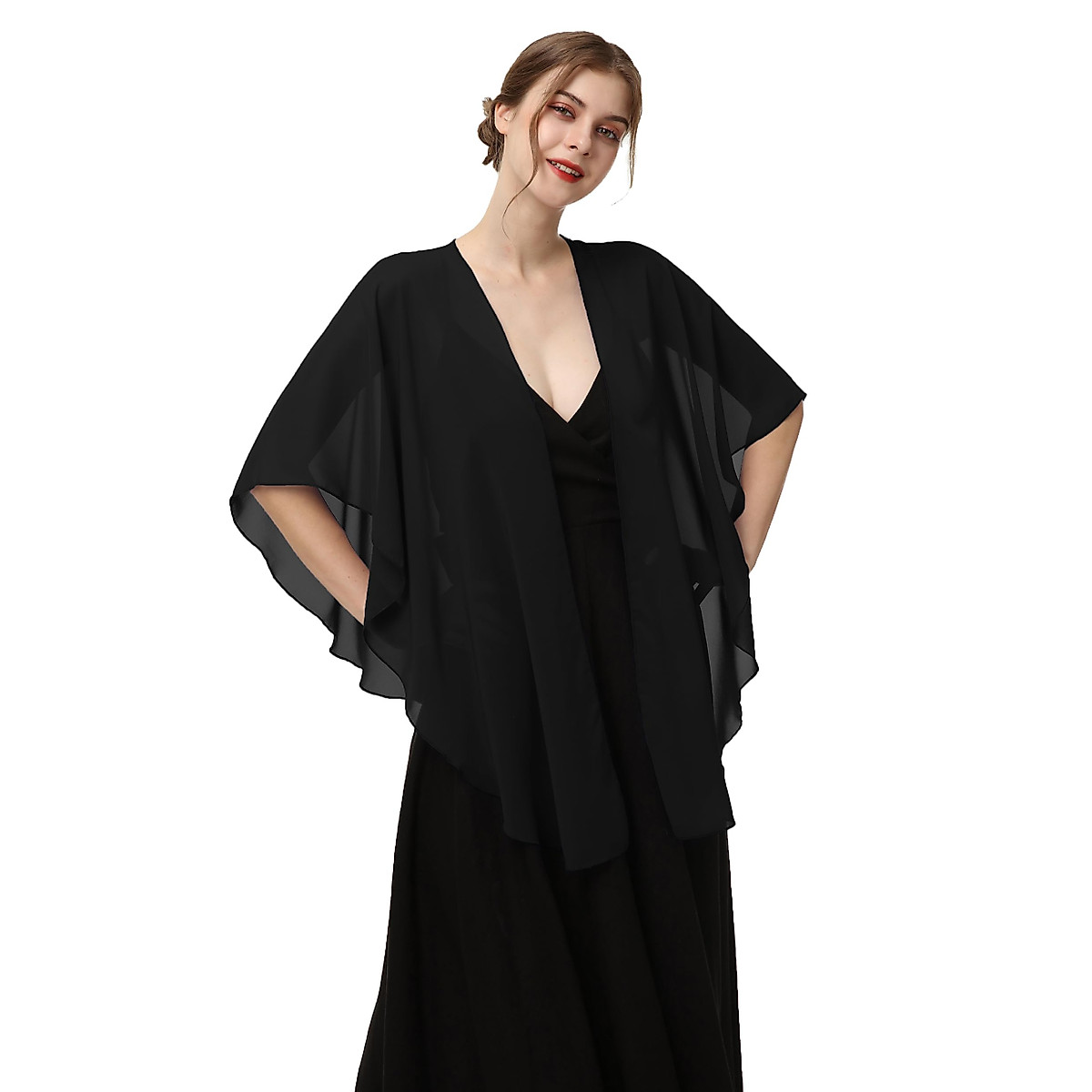 Womens Chiffon Shawls and Wraps, Wedding Party Shawl Scarf for Evening Dresses (Black)