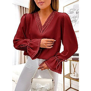 Dokotoo Fall Blouses for Women Long Sleeve Shirts Lace Trim V Neck Chiffon Solid Color Tunic Tops Loose Fit Stylish Burgundy Tops Casual Spring Summer Flowy Work Shirts Large
