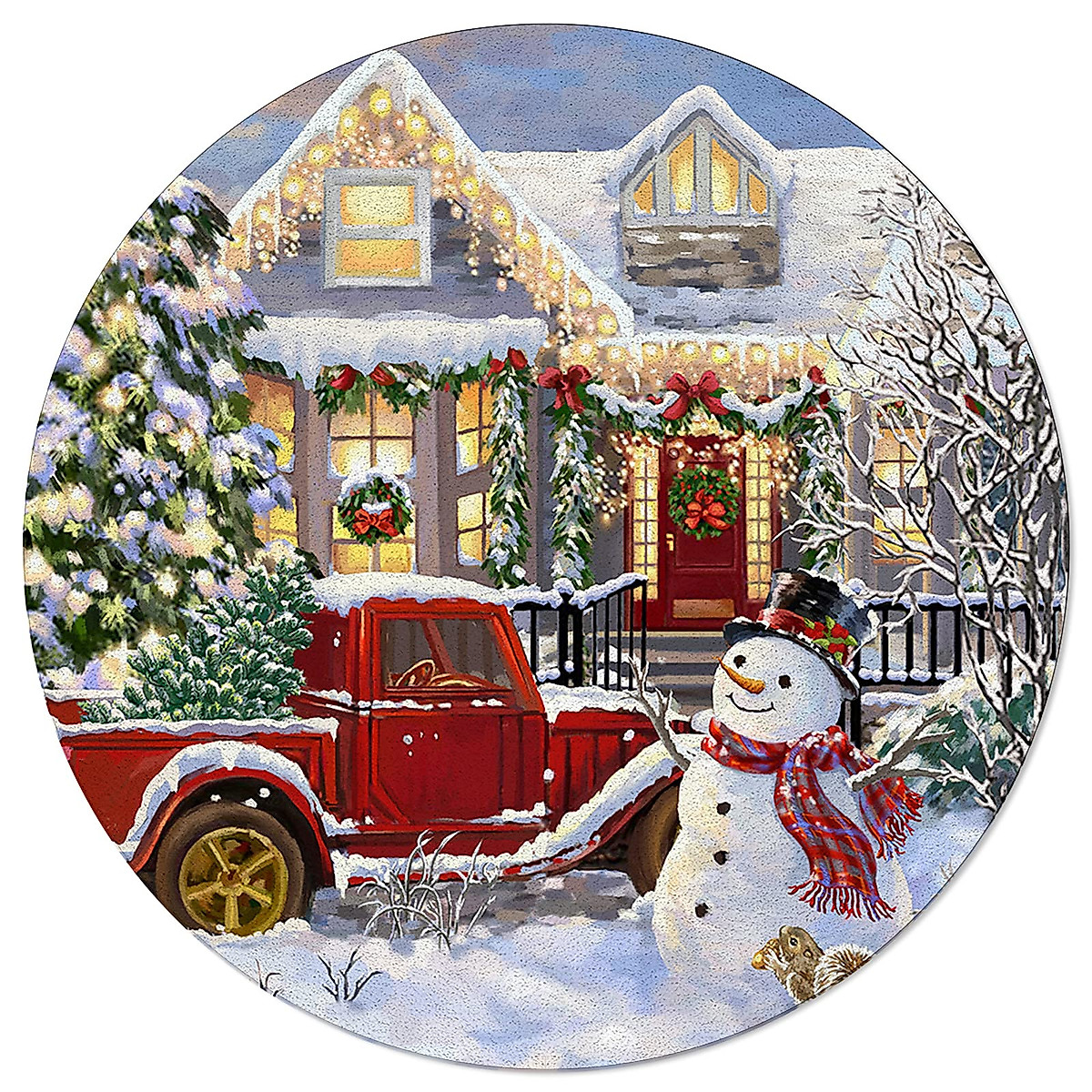 Christmas Snowman Round Area Rugs 5 ft Diameter Indoor Mats Farmhouse Happy New Year Red Truck Snowflake Xmas Tree Soft Living Room Bedroom Unique Carpet Woman Yoga Mat Home Decor