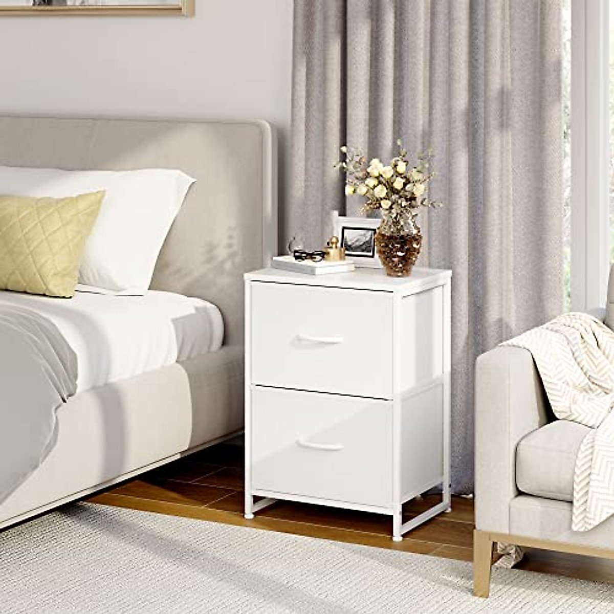Nicehill White Nightstand, Nightstand with Drawer for Bedroom, Small Dresser Bedside Table Bedside Furniture, Small Night Stand for Kids' Room, End Table with Wooden Top, Steel Frame, Modern, White