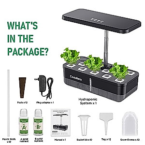 Hydroponics Growing System 12Pods, Indoor Herb Garden with LED Grow Light, Plants Germination Kit with Pump System, Automatic Timer, Adjustable Height for Home, Kitchen, Office (Black)