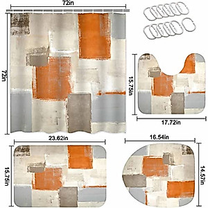 4Pcs Bathroom Shower Curtain Sets with Rugs,Modern Orange and White Painting Art Bathroom Sets with Shower Curtain and Rugs and Accessories