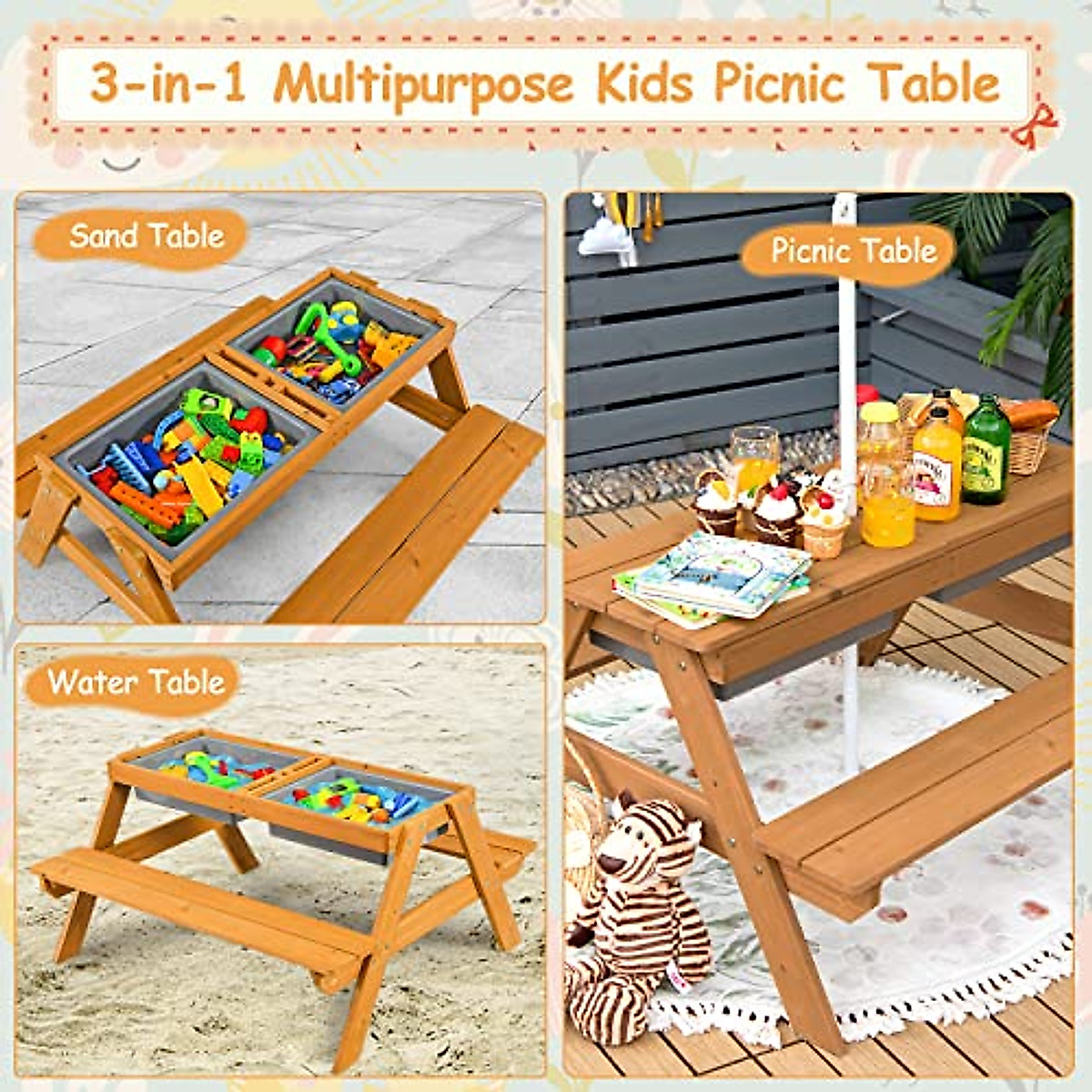 HONEY JOY Kids Picnic Table, 4 in 1 Cedar Wooden Sand & Water Table w ...