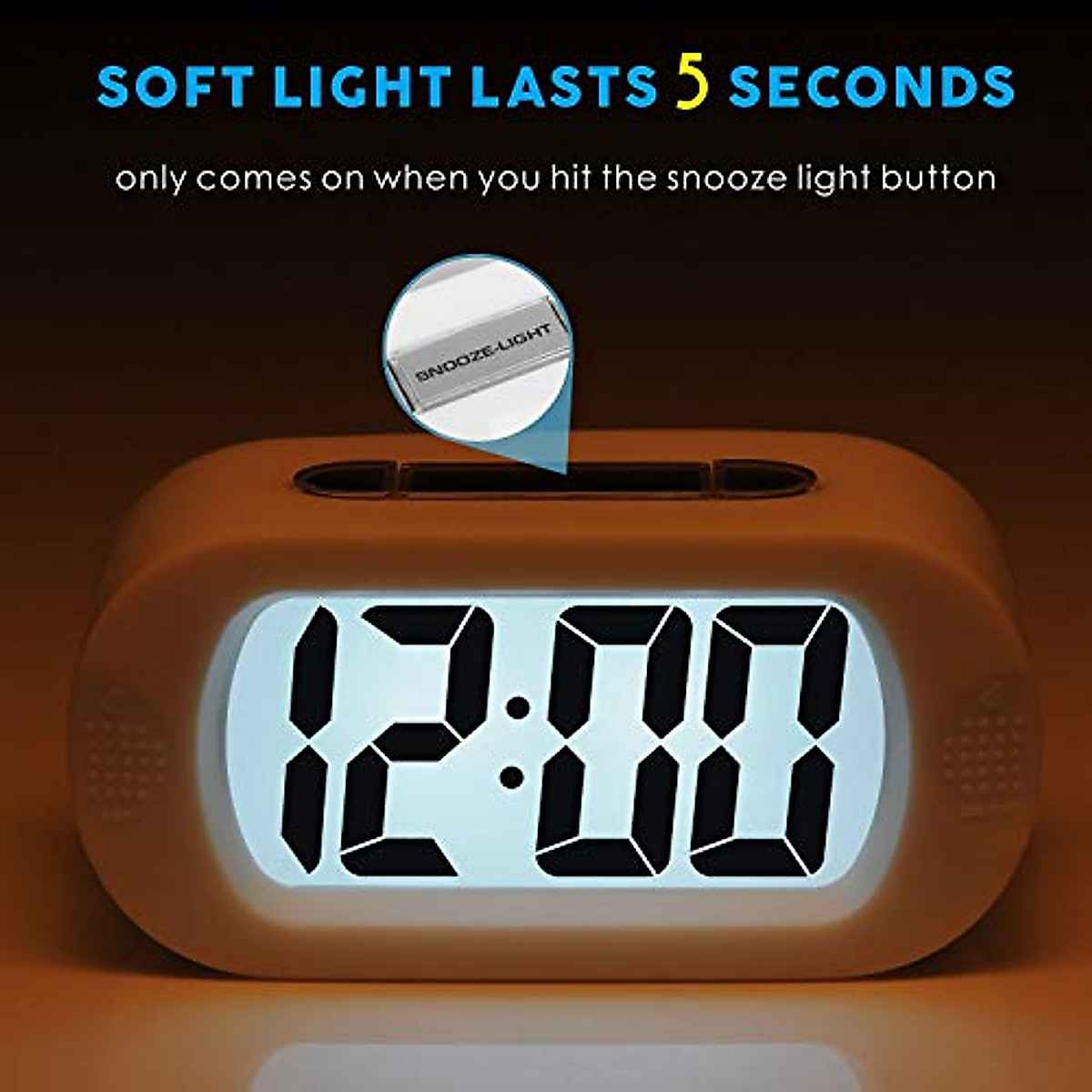 Plumeet Digital Alarm Clock Travel Clock with Snooze and Nightlight - Easy to Set Simple Bedside Alarm Clocks for Kids - Ascending Sound - Battery Powered (White)