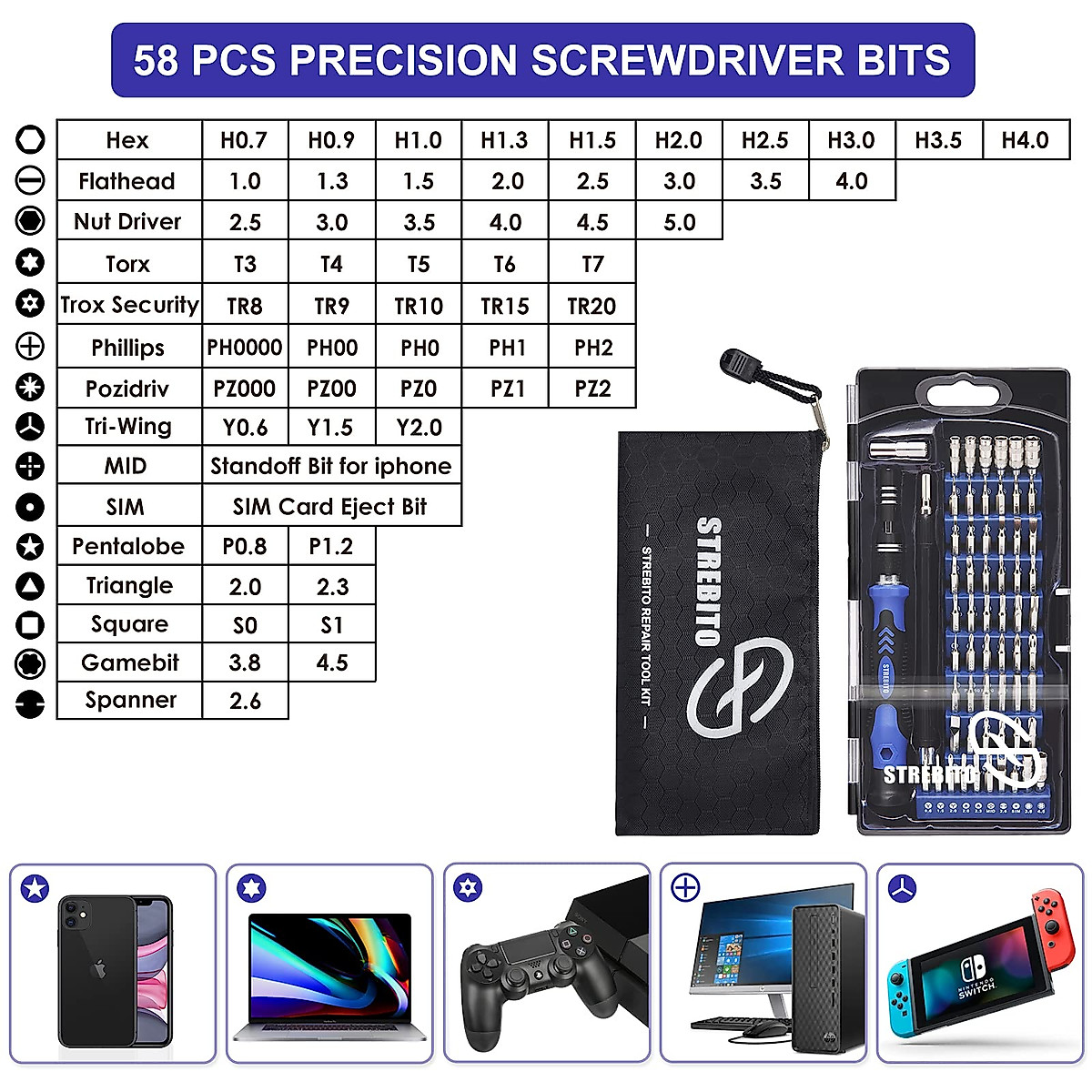STREBITO Precision Screwdriver Set, 79 in 1 Screwdriver Kit with 58 Bits & Anti Static Wrist Strap, Magnetic Driver Electronics Repair Tool Kit for Computer, iPhone, Laptop, Cell Phone, Macbook, PS4/5