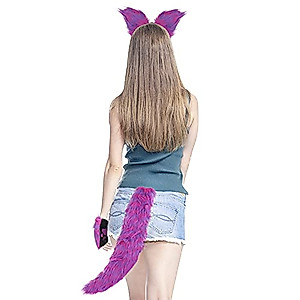 Cat Wolf Fox Tail Faux Fur Ear Headband and Paw Gloves Set for Adult Children Halloween Christmas Fancy Party Costume Gifts Animal Cosplay Accessories (Purple-Red)