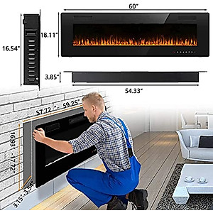 BOSSIN 60 inch Ultra-Thin Silence Linear Electric Fireplace, Recessed Wall Mounted Fireplace, Fit for 2 x 4 and 2 x 6 Stud, 12 Adjustable Flame Color & Speed,Touch Screen Remote Control with 8h Timer