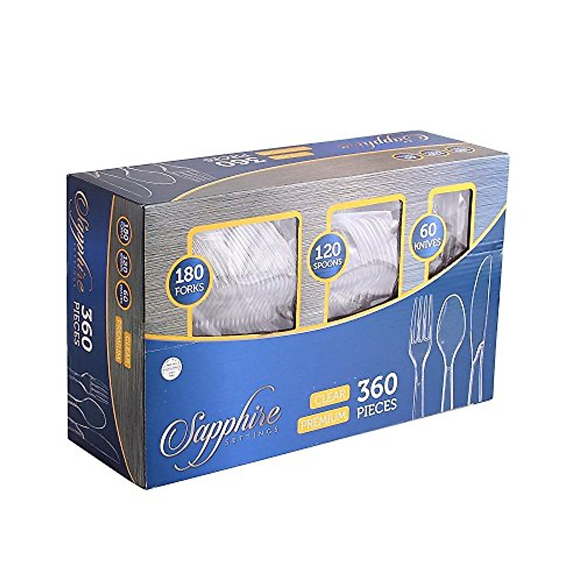 Party Bargains Disposable Cutlery set, SAPPHIRE Design, Clear Color, 360 Pieces: 180 Forks, 120 Spoons, 60 Knives