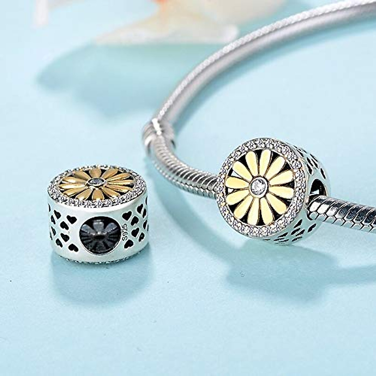 Yellow Flower Dandelion Daffodil Daisy Chrysanthemum Carnation Gold on 925 Sterling Silver Charm Bead For Pandora & Similar Charm Bracelets or Necklaces