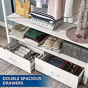 Tribesigns Freestanding Clothes Rack Shelves, Closet Organizer with Shelves Drawers and Hooks, Heavy Duty Garment Clothing Wardrobe Storage Shelving with Hanging Rod (White)