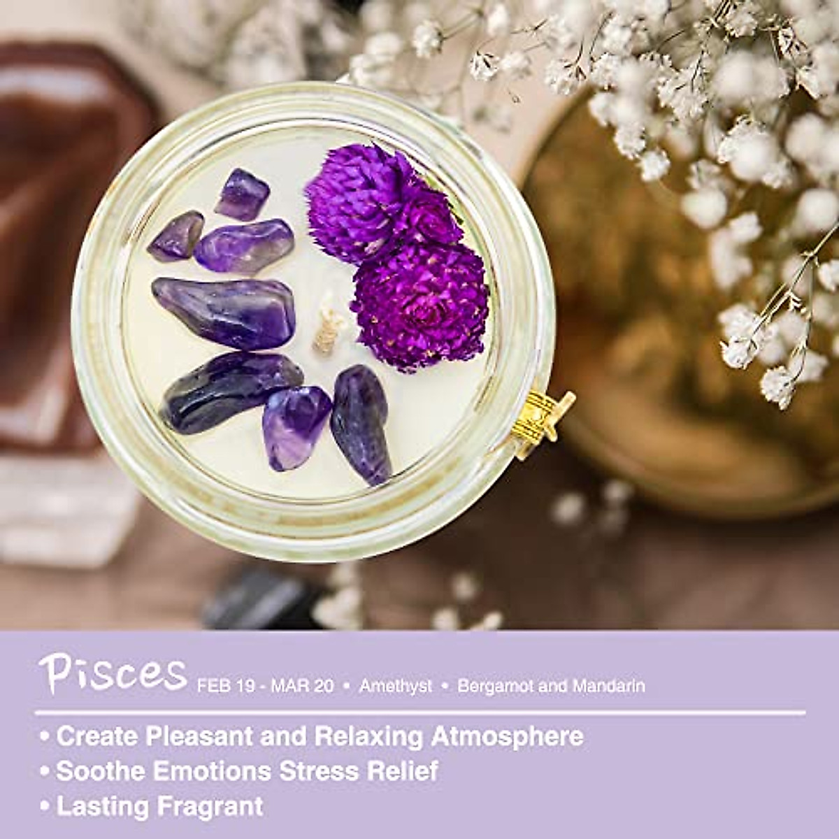 ZINCGE Pisces Zodiac Crystal Candle Gifts for Women, Astrology Spiritual Birthday Gifts Horoscope Natural Soy Bergamot Scented Candle with Dry Flowers and Amethyst Healing Crystals