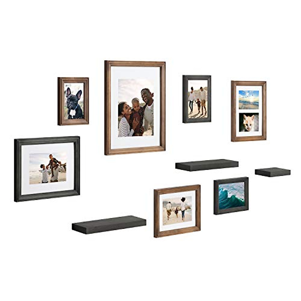 Kate and Laurel Bordeaux Gallery Wall Frame and Shelf Kit, Set of 10, Rustic Brown and Charcoal Gray, Assorted Size Frames and Three Display Shelves