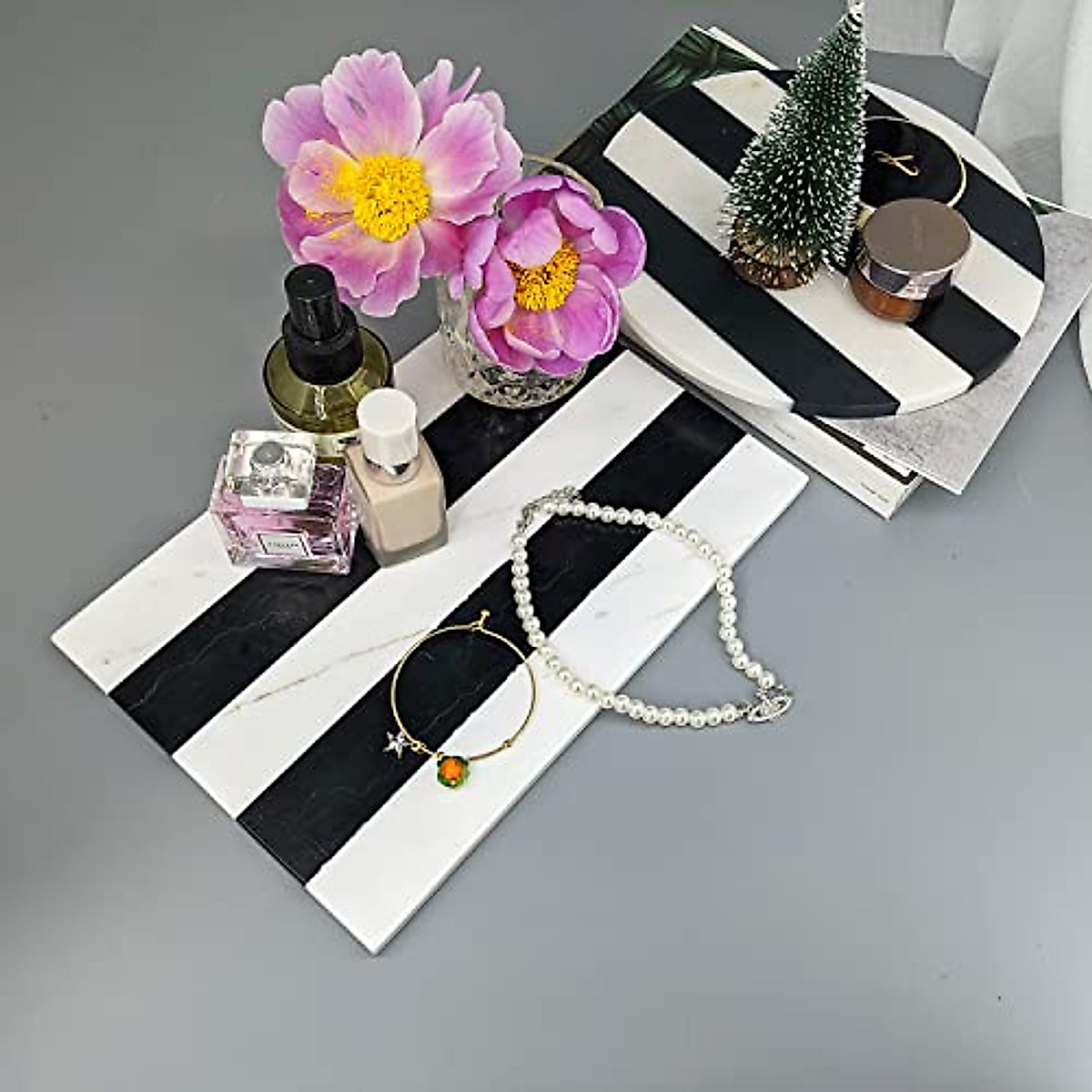 BustleDust 100% Natural Marble Pastry Board for Food, Tea, Coffee, Breakfast, Snacks, Cheese, Appetizers - Use in Kitchen, Bathroom, Office (Glossy Surface,Black&White,11.8x7.9x0.39in)