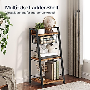 HOOBRO 3-Tier Ladder Shelf, Floor Standing Bookshelf, Storage Shelf with Drawer, Bookcase, Corner Bookshelf, Space Saver, for Bathroom, Living Room, Study, Office, Rustic Brown and Black BF09CJ01