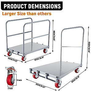 GarveeTech Drywall Cart Steel Panel Truck, 2 in 1 Heavy Duty Flatbed Carts with Wheels, Platform Flat Bed Cart with 2200 Lbs Capacity, 2 Swivel Casters, 1 Front and 2 Side Handrails