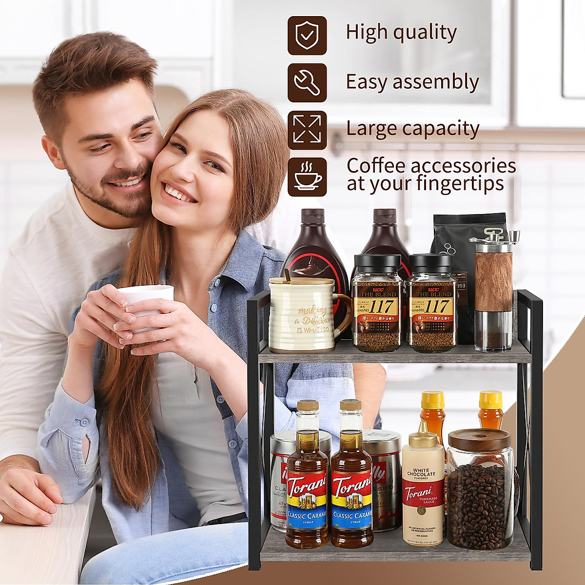 YINMIT Coffee Bar Accessories Organizer, Spice Rack Organizer, Wooden Kitchen Counter Shelf, 2 Tier Coffee Organizer Station for Countertop, Coffee Condiment Rack for Mugs, Cups, Cream, Syrup (Large)