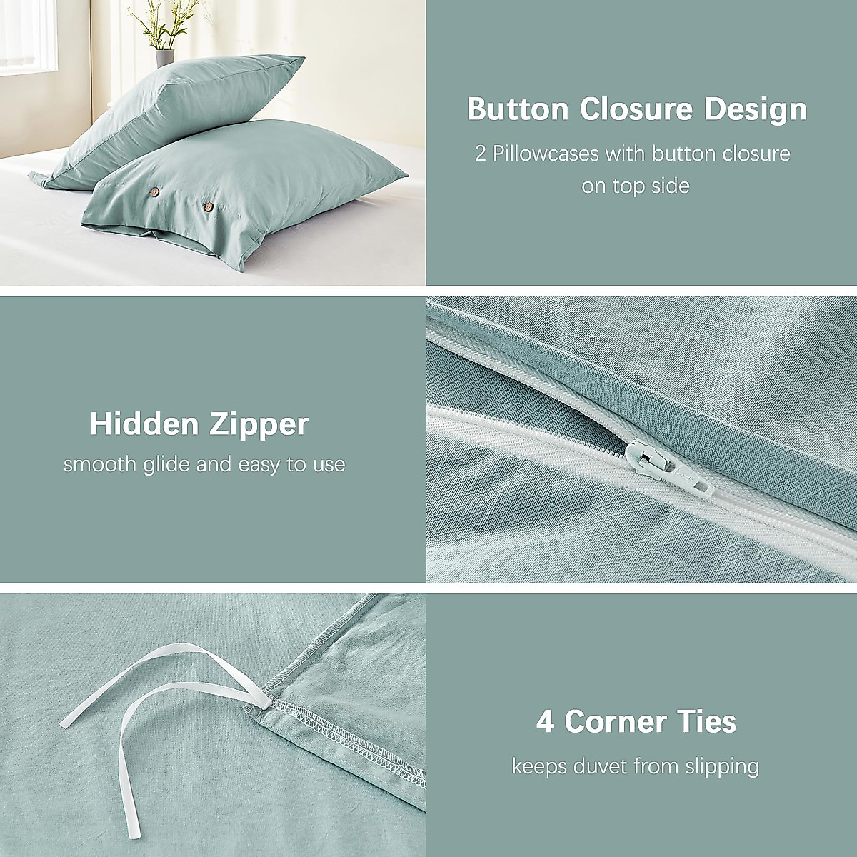 MILDLY 100% Washed Cotton Queen Duvet Cover Set, Linen Like Textured Natural 3 Pieces Luxury Soft Teal Duvet Cover, Bedding Sets Queen Size 3pcs with Zipper Closure (No Comforter)