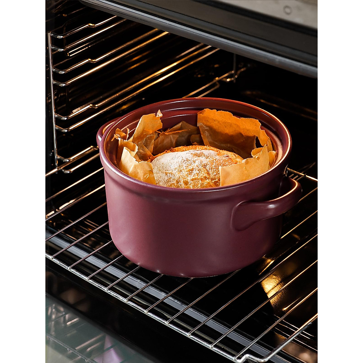 LE TAUCI 3 Quart Dutch Oven Pot with Lid, for No Knead Bread Baking, Sourdough Loaf, Non-Coated & Non-Toxic Ceramic Small Bread Oven Pan, Use as Non-Stick Soup & Stew Pot, Burgundy Red