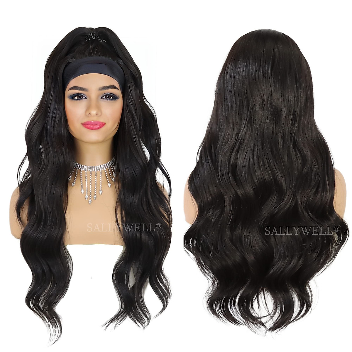 SALLYWELL Long Wavy Headband Wig for Black Women Synthetic Headband Wigs 180% Density Body Wave Headband Wig Full Ends Glueless Headband Wigs Heat Resistant 24 inch