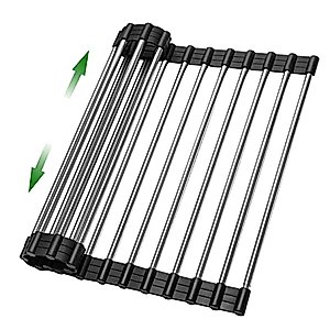EONGOA Roll Up Dish Drying Rack Over The Sink, Foldable Sink Rack Mat, Expandable & Heavy Duty Silicone Wrapped Stainless Steel Rolling Dish Drainer, Multipurpose Kitchen Dry Rack for Sink Counter