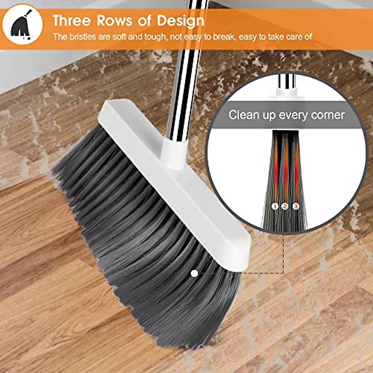 Broom and Dustpan Set,Upright Standing Dust Pans with 54" Stainless Steel Long Handle,Dustpan and Broom Combo for Home Kitchen Office Lobby Floor Cleaning,Outdoor/Indoor Household Brooms-White+Orange