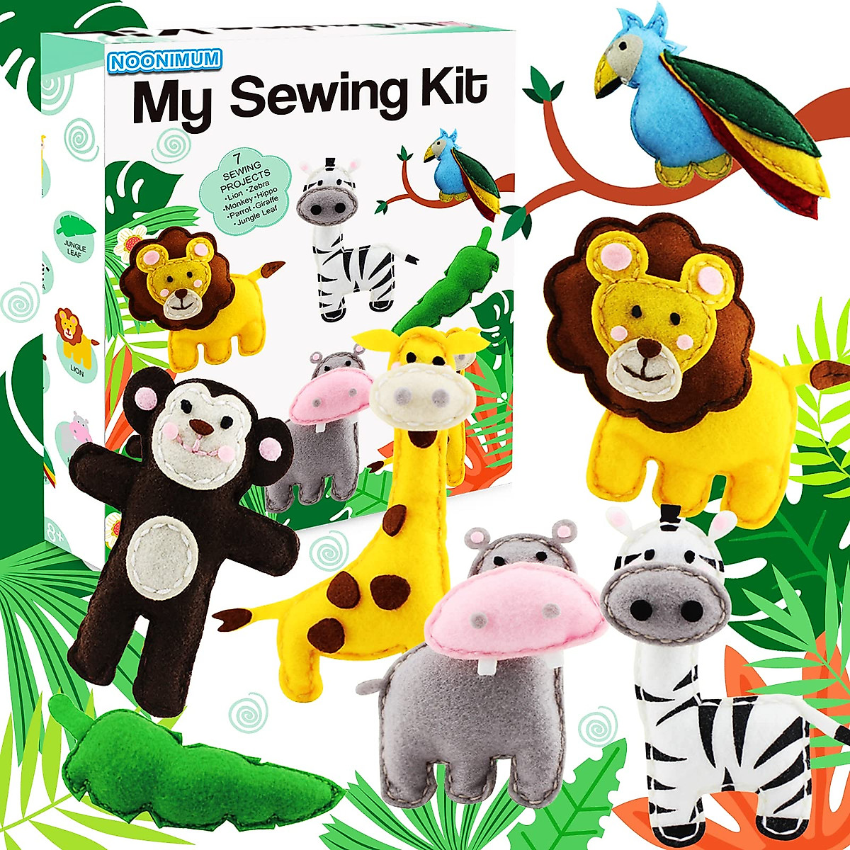 noonimum Craft Sewing Kit for Teens, Learn to Make Your Own Woodland Felt Animals First Sew Kit Beginner DIY Arts Set, Plush Craft Easy Sewing Stuffed Animals for Kids Girls Boys, Set of 7