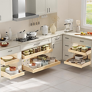 LOVMOR Single Pull Out Cabinet Organizer 26”W x 21”D, Soft Close Slide Out Drawer Storage Shelves for Kitchen, Wood Cabinet Shelf Pull-Out Organizer Storage for Base Cabinet