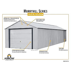 Arrow Shed 14' x 31' Murryhill Garage Galvanized Steel Extra Tall Walls Prefabricated Shed Storage Building, 14' x 31', Flute Gray