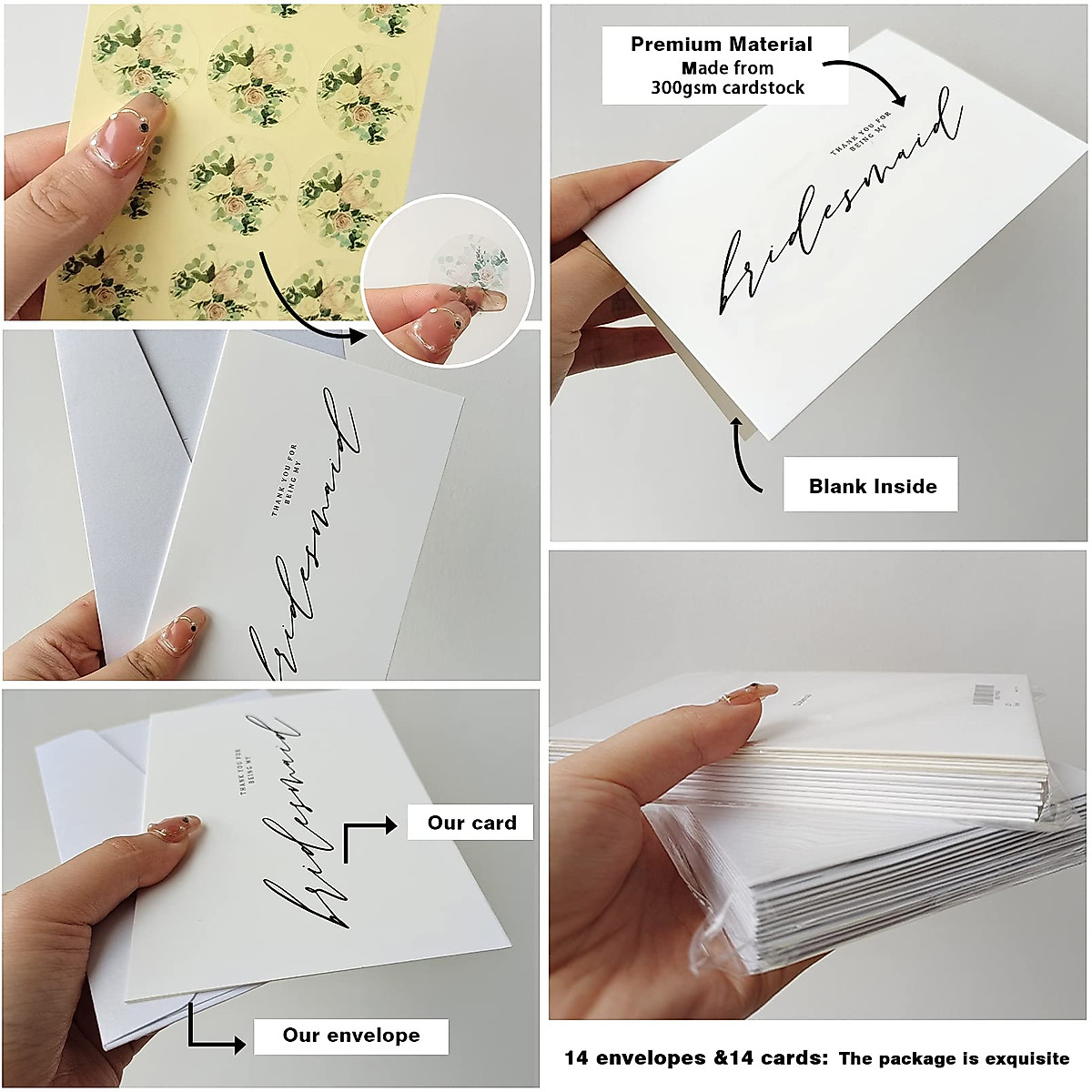 OJsensai (14 Pack) Thank You for Being My Bridesmaid Card Set, Bachelorette Party Card, Thankful Card for Bridesmaid, Wedding Ceremony Thank You Card With Matching Envelope