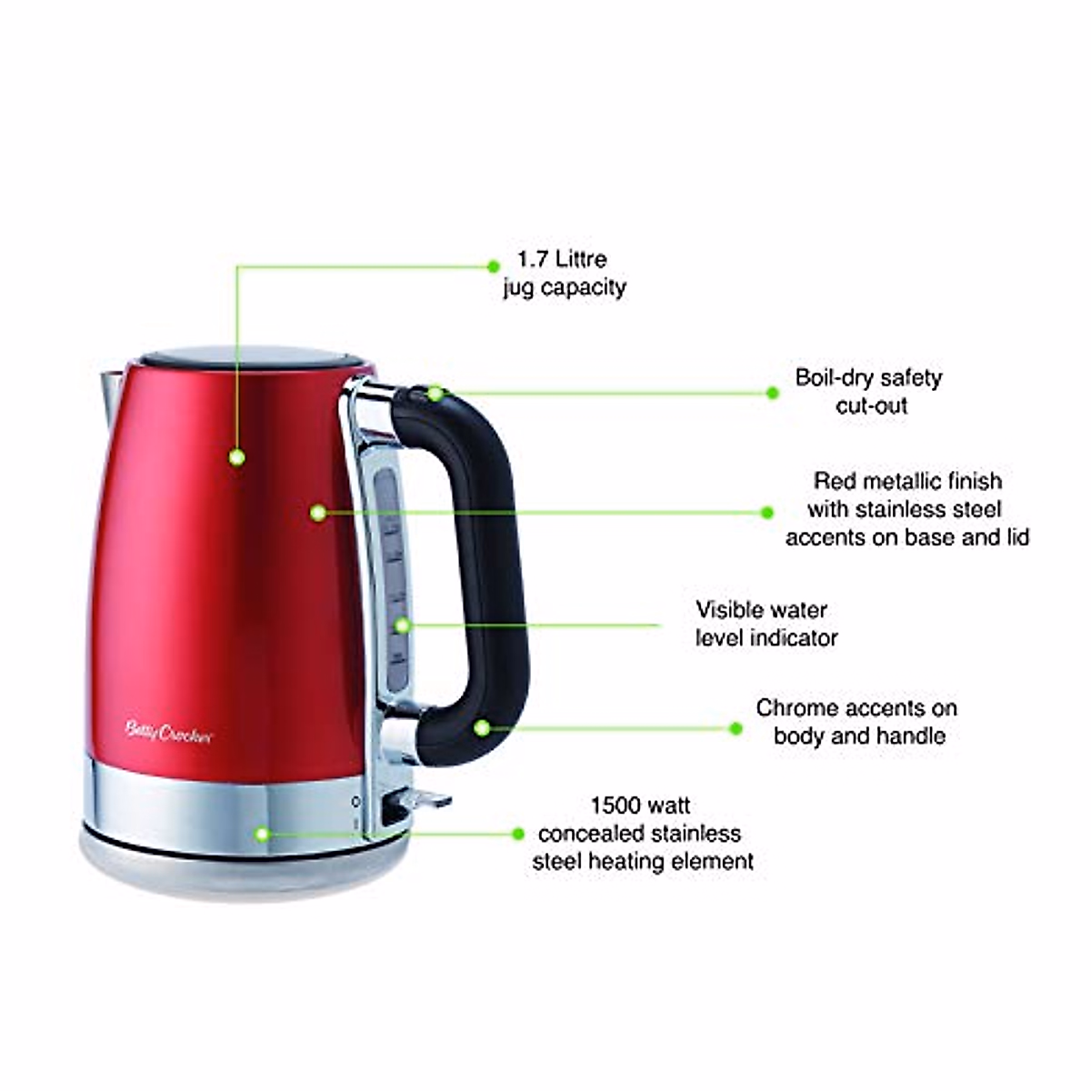 Betty Crocker BC-3711CMR 1.7L 1.7-Liter Cordless Jug Kettle, One Size, Red