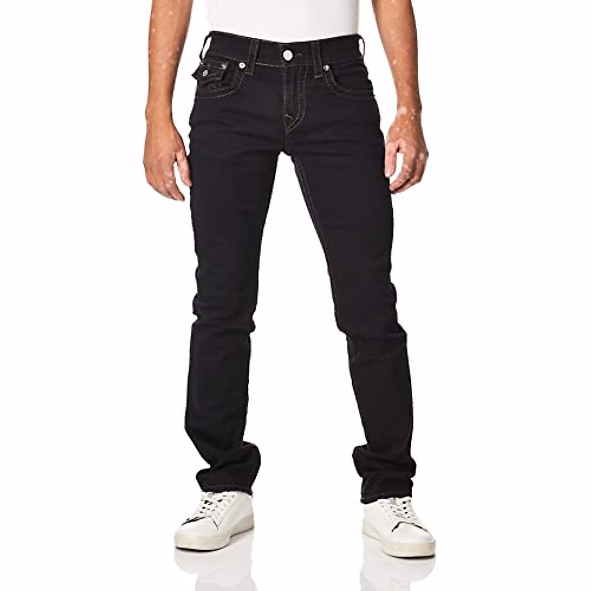True Religion Men's Ricky Big T Straight Leg Jean with Back Flap Pockets, Body Rinse Black, 32W X 34L