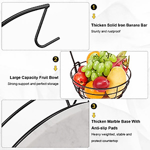 Livabber Countertop Fruit Basket Bowl with Banana Hanger, Modern Standing Fruit Vegetable Bowl Storage, with Banana Tree Holder for Kitchen Dinning Table (Round Marble, Black)