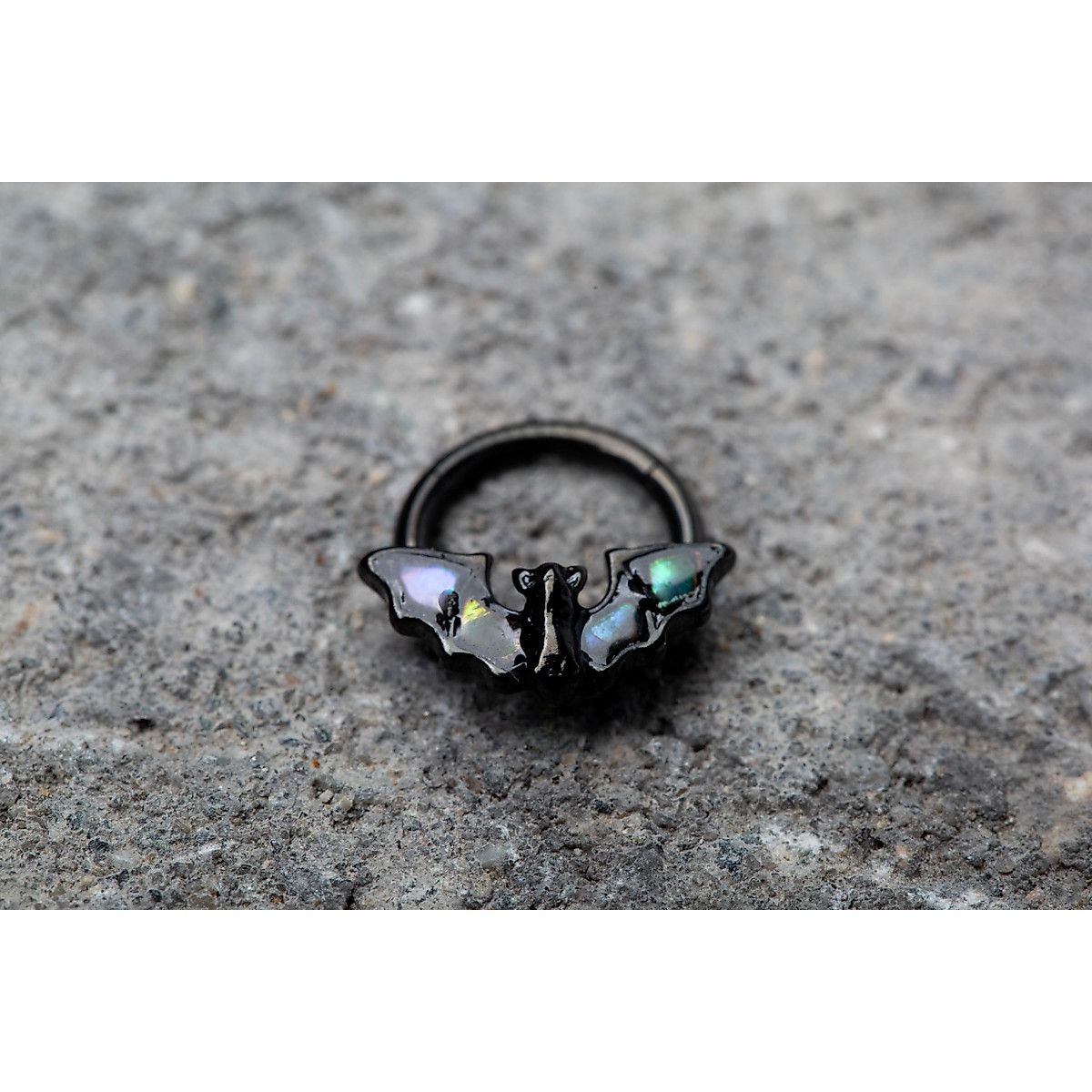 Pierced Owl 16GA Precision All 316L Stainless Steel Bat with Abalone Shell Wings Hinged Segment Ring (Black)