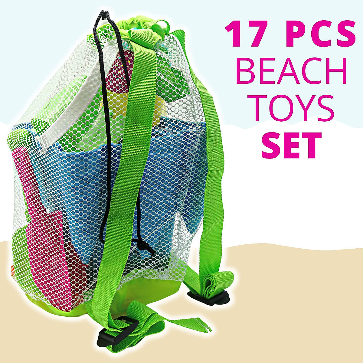 4E's Novelty Beach Toys for Kids with Bag (17 Pcs Set) Castle Beach Bucket with Shovels & Molds - Beach Toys for Kids 3-10, Sand Toys for Toddlers with Mesh Beach Bag Backpack