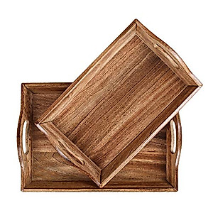 Antique Mango Wood Serving Tray Set of 2 with Burn Finish for Tea/Coffee Food Items and Hold Kitchen Ware 17x12x2.5- Big, 15.5x10x2.5- Small Wooden Trays, Burn Brown Finish