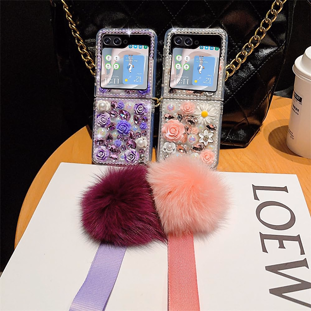 for Samsung Galaxy Z Flip 5 Case,Samsung Flip 5 Case Cute Bling Diamond Girly Design,Galaxy Flip 5 Case 3D Handmade Pearl Rose Flower with Wrist Lanyard,Flip 5 Phone Case for Women Girls (Purple)