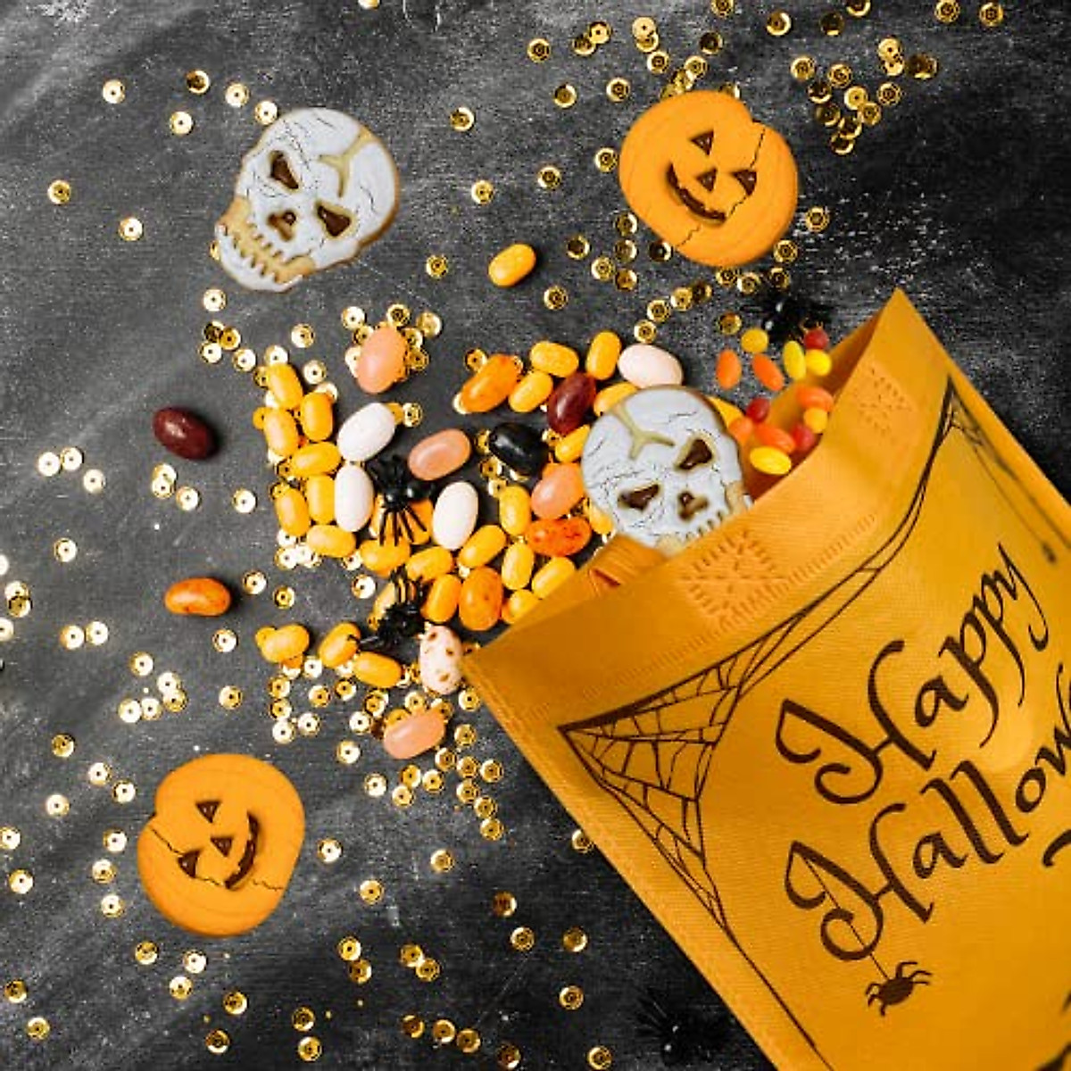 Crethinkaty 12 Packs Halloween Trick or Treat Non-woven Tote Bags, Pumpkin Spider Bat Witch Haunted House Reusable Goodie Treat Bags with Handle for Halloween Party Favors for Kids - 12*10IN