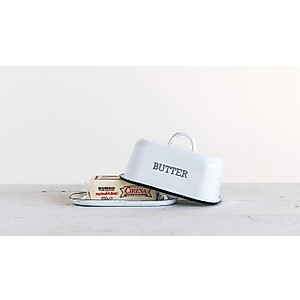 Creative Co-Op White Enameled Steel Butter Dish with Black Rim Food Storage