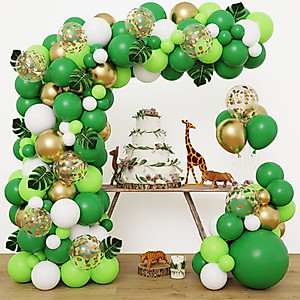 RUBFAC 134pcs Jungle Safari Balloons Garland Arch Kit, Green and Gold White Confetti Balloons with Artificial Tropical Palm Leaves for Birthday Baby Shower Wild One Animal Dinosaur Theme Decoration